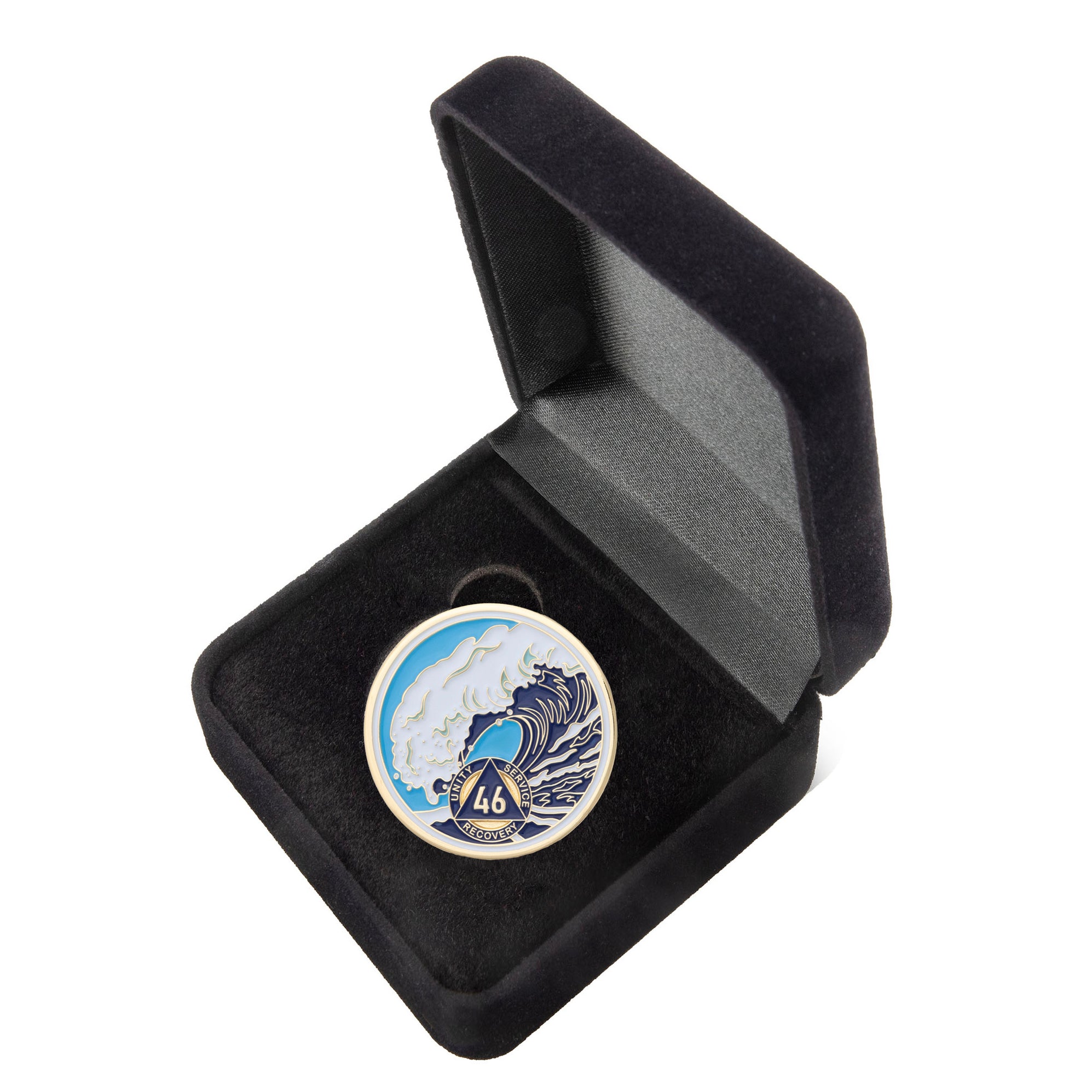 46 Year Sobriety Mint Crashing Wave Gold Plated AA Medallion Coin + Box ...