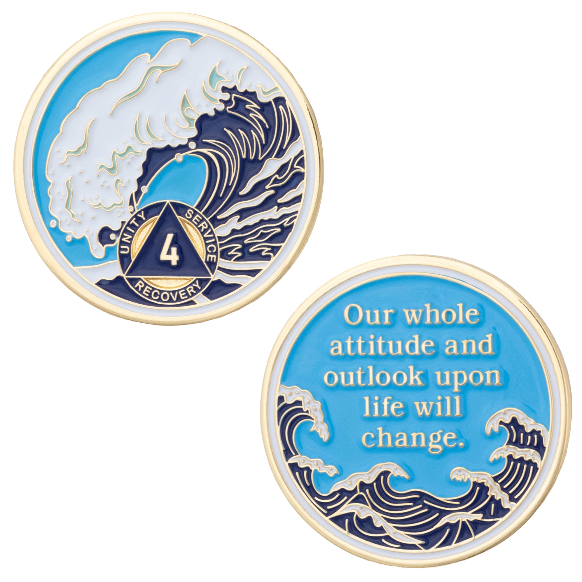 4 Year Sobriety Mint Crashing Wave Gold Plated AA Medallion Coin + Box ...