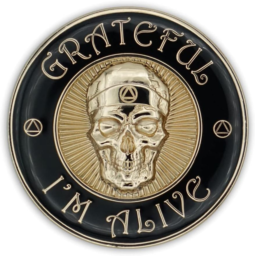 Grateful I'm Alive AA/NA Affirmation Recovery Medallion - Black / Gold ...